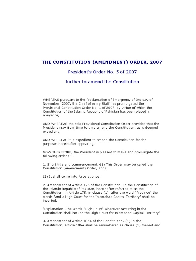 The Constitution Amendment) Order, 2007 | PDF | Oath Of Office | By Law