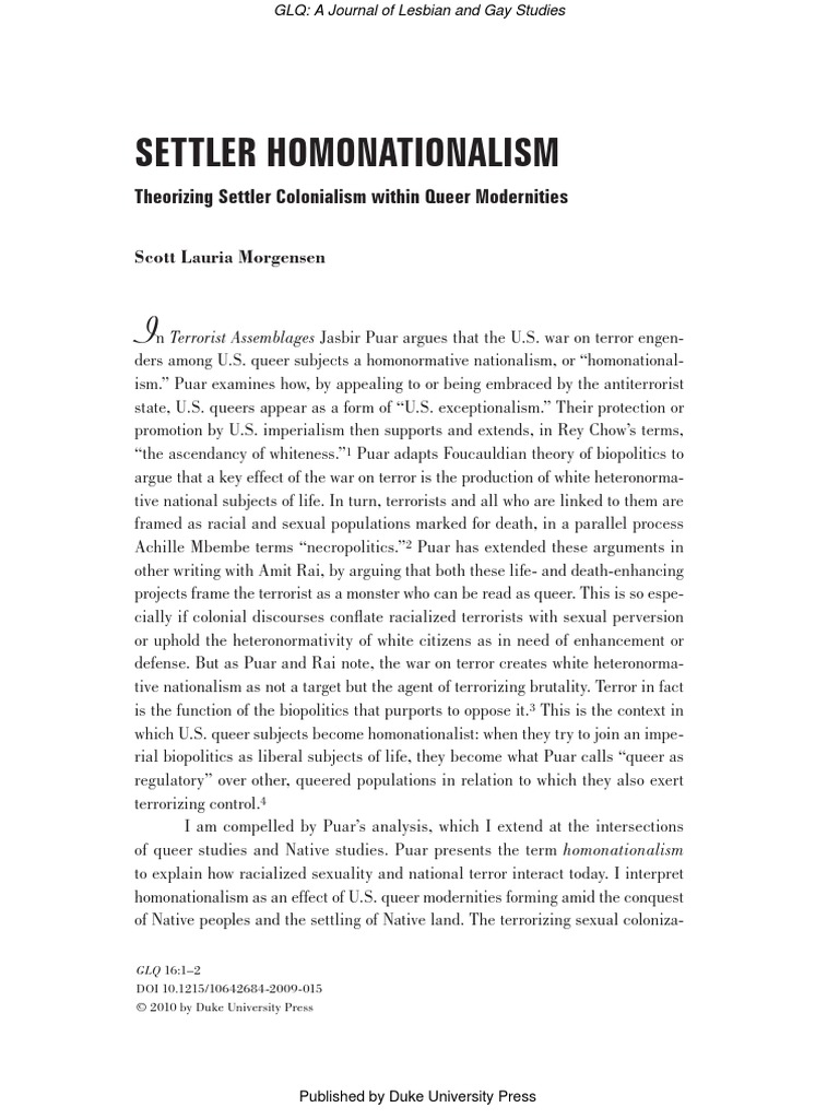 Morgensen, Settler Homonationalism | PDF | Queer Theory | LGBTQIA+ Studies
