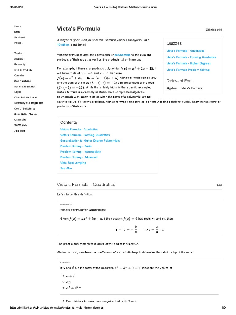 Vieta's Formula - Brilliant Math & Science Wiki | PDF | Quadratic ...