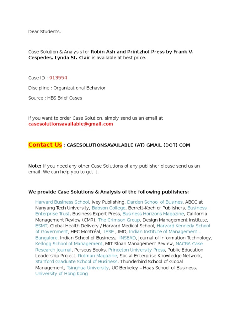 Case Solution For Robin Ash and Printzhof Press | PDF