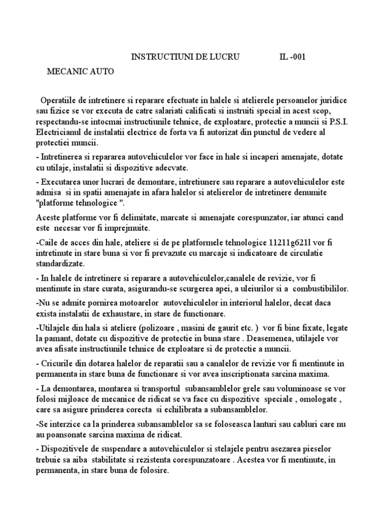 Instructiuni de Lucru Mecanic Auto | PDF