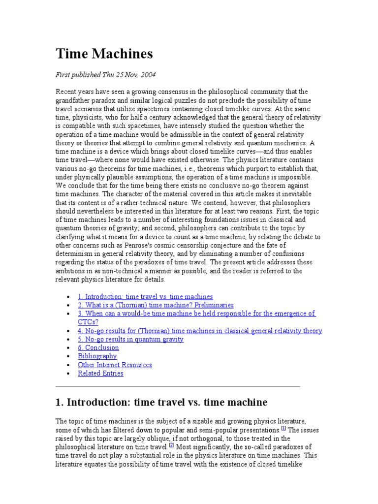 Time Machines: 1. Introduction: Time Travel vs. Time Machine | PDF ...