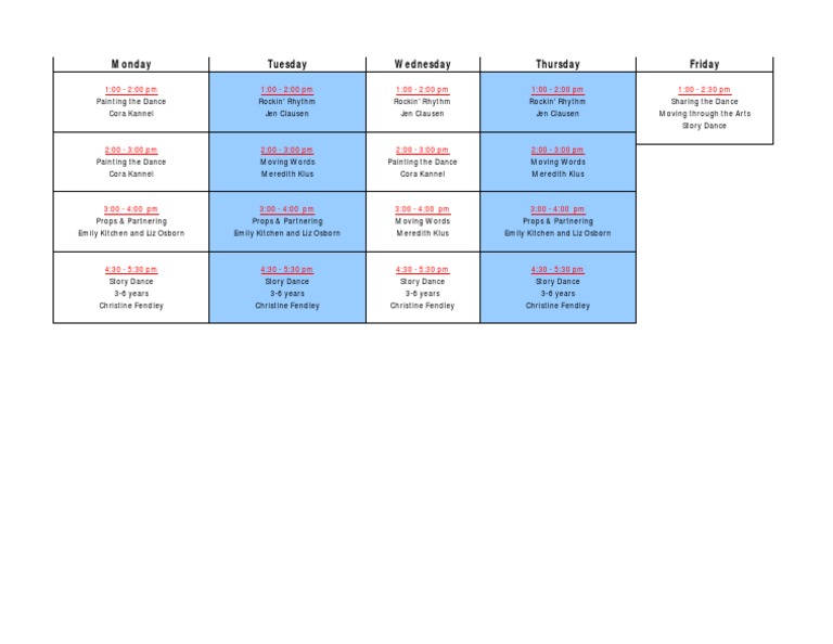 Weekly Arts Class Schedule | PDF