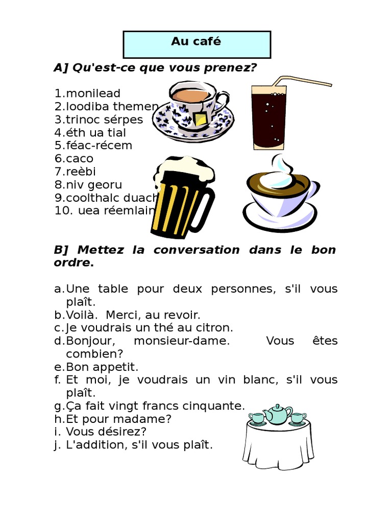 Au Cafe Worksheet Drinks | PDF