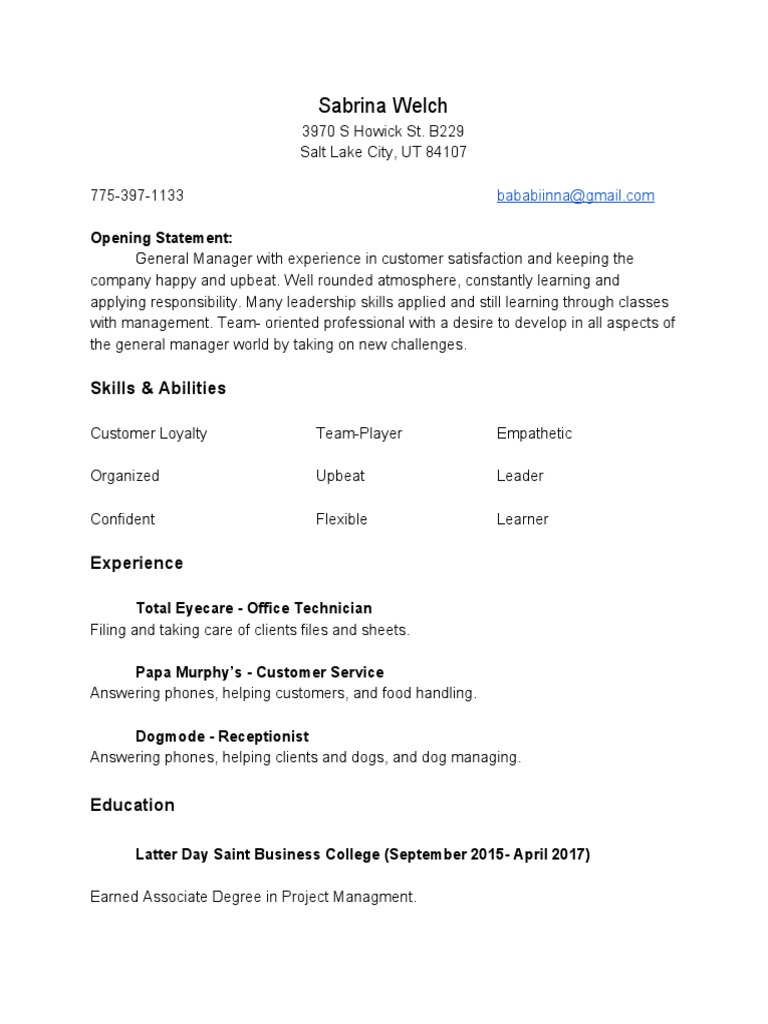 Sabrina Welch: Skills & Abilities | PDF