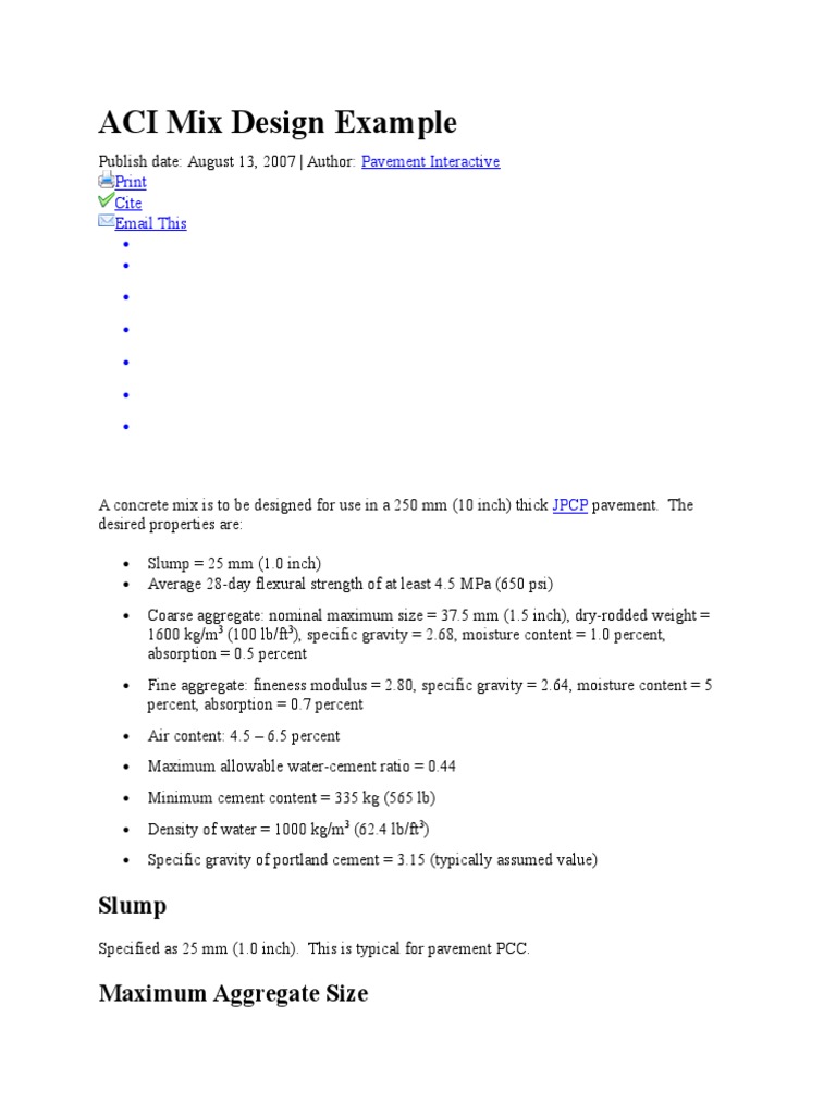 ACI Design Mix Example | PDF | Volume | Concrete