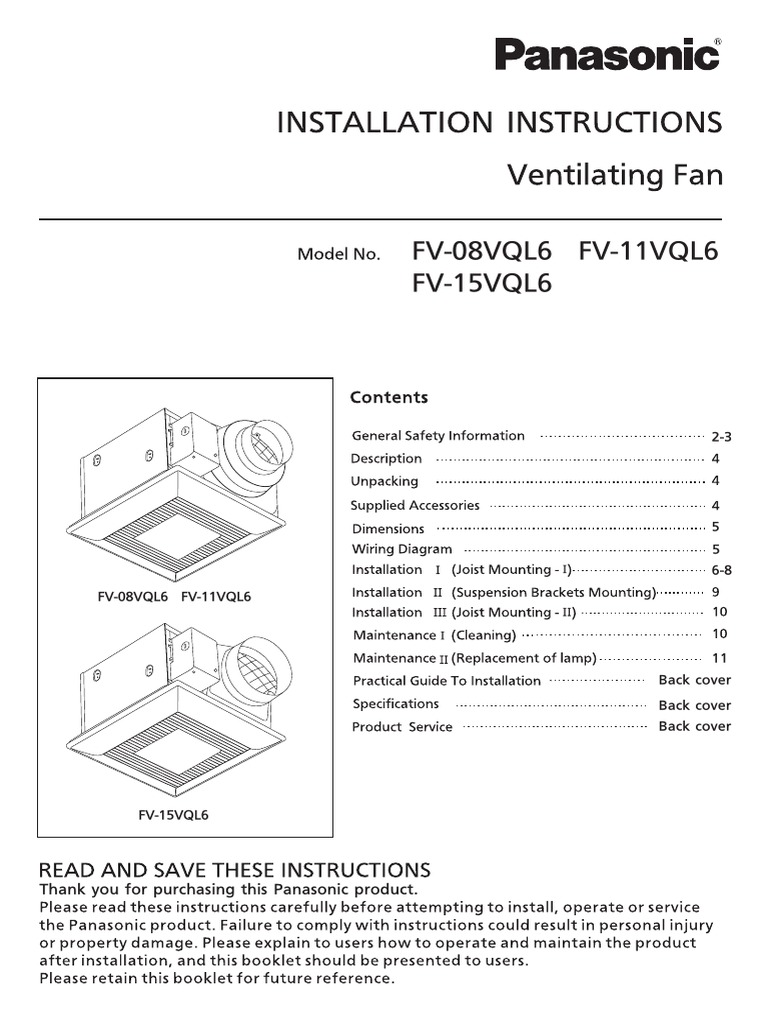 Concise installation guide for Panasonic ventilation fan models FV ...