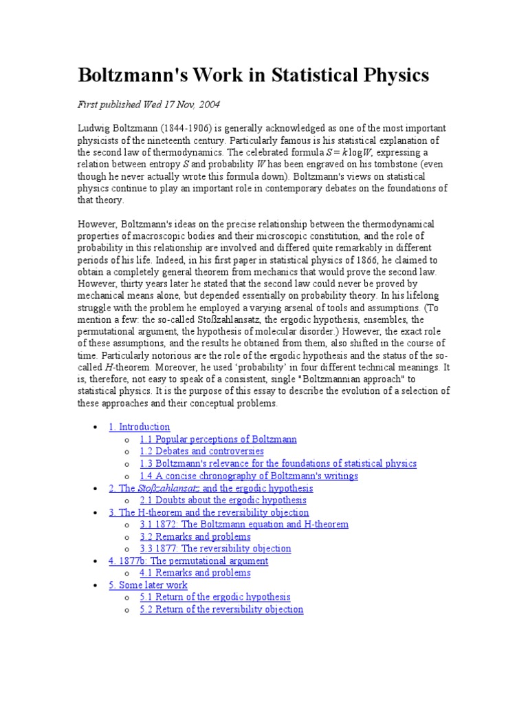 Boltzmann's Work in Statistical Physics: First Published Wed 17 Nov ...
