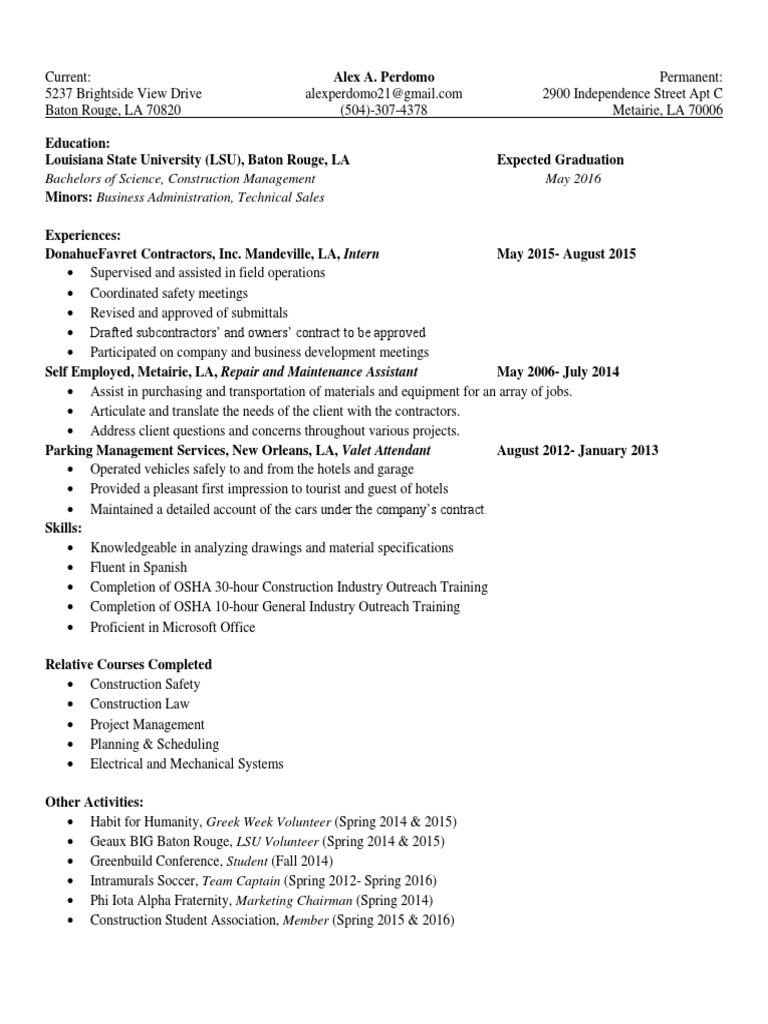 Construction Management Resume of Alex Perdomo | PDF