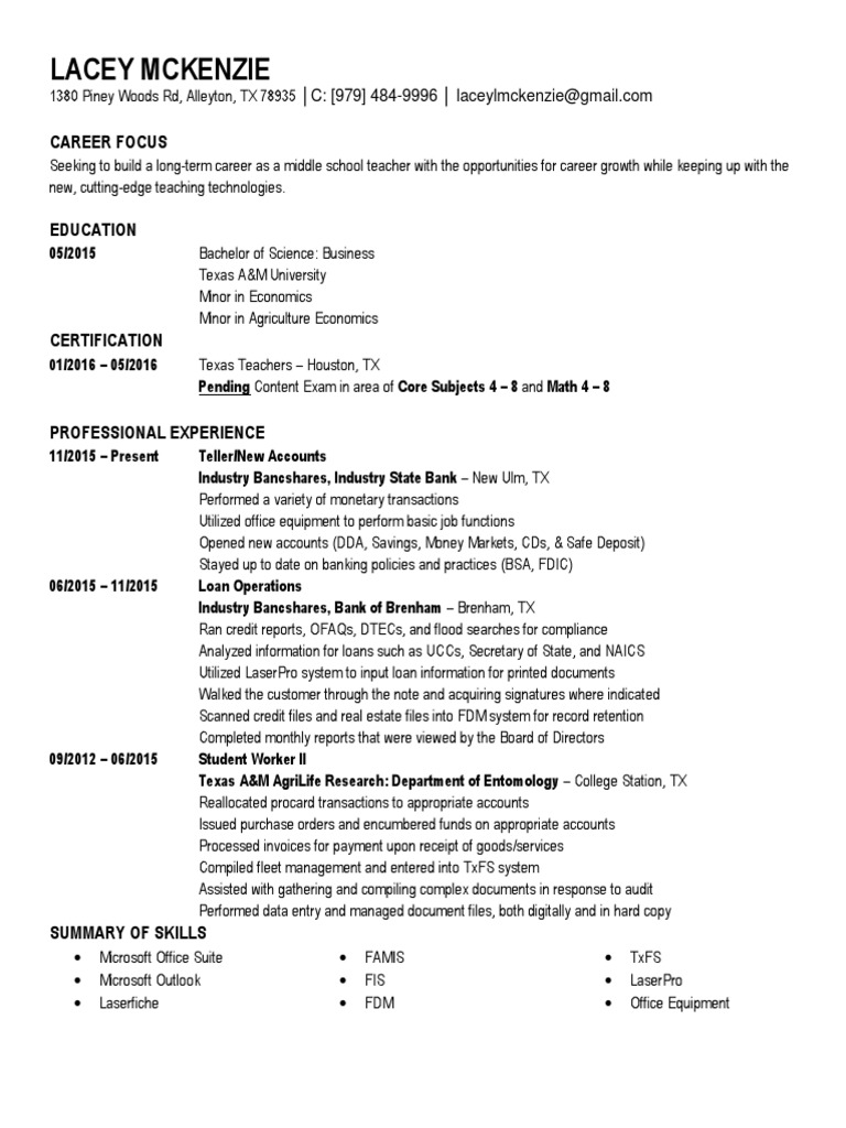 Middle School Teacher Resume Lacey McKenzie | PDF