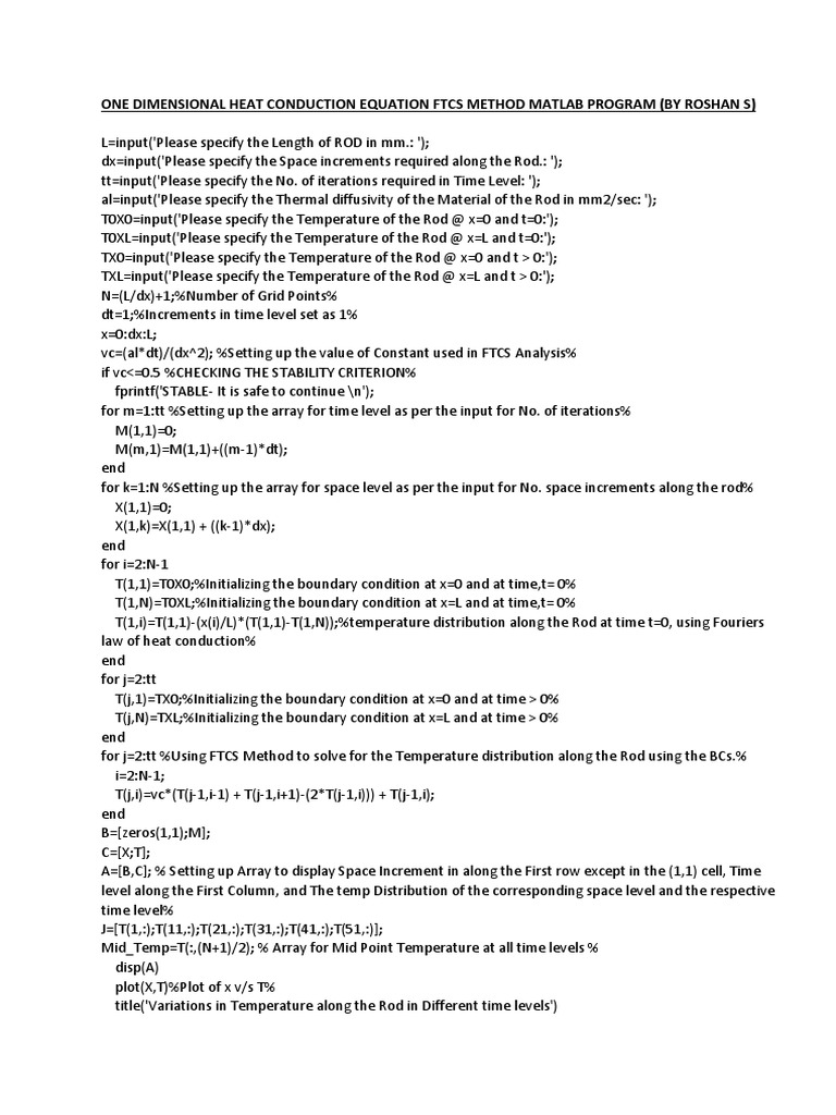 One Dimensional Heat Conduction FTCS Matlab Program | PDF | Thermal Conduction | Heat