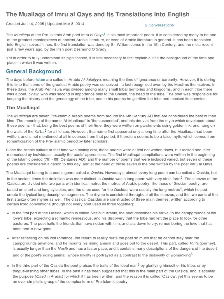 The Muallaqa of Imru Al Qays and Its Translations Into English | PDF ...