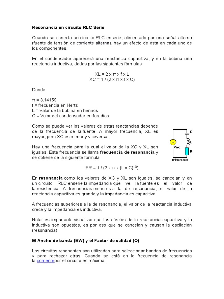 Resonancia en Circuito RLC Serie | PDF | Impedancia eléctrica | Inductor