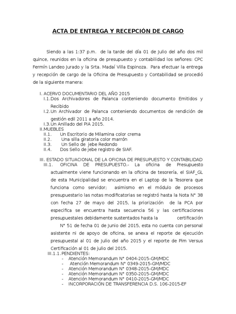 ACTA DE ENTREGA Y RECEPCIÓN DE CARGO.doc | Contabilidad | Presupuesto
