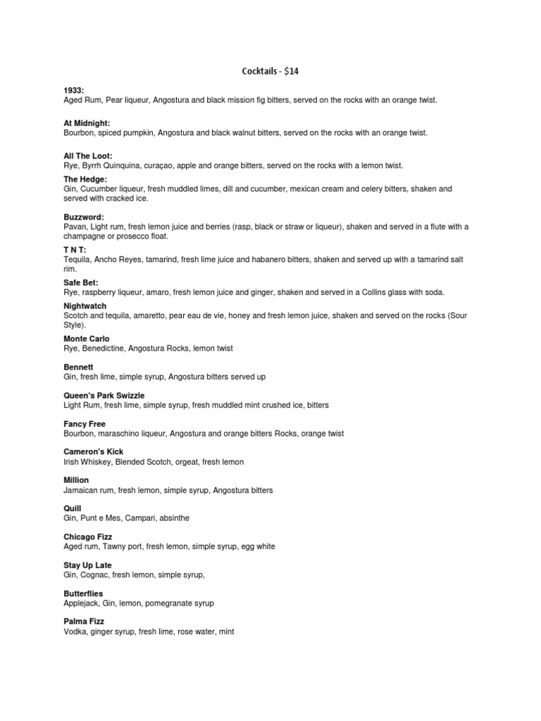 Garfunkels Cocktail Menu | PDF | Distilled Drinks | Bartending