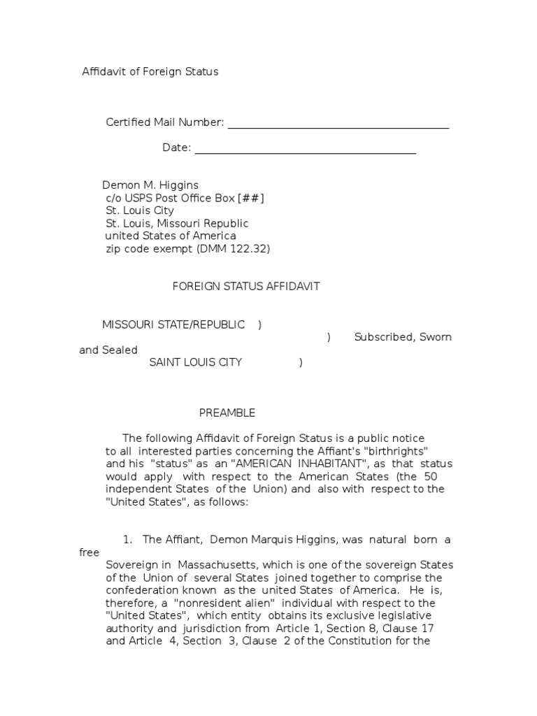 Affidavit of Foreign Status | PDF | Alien (Law) | Affidavit