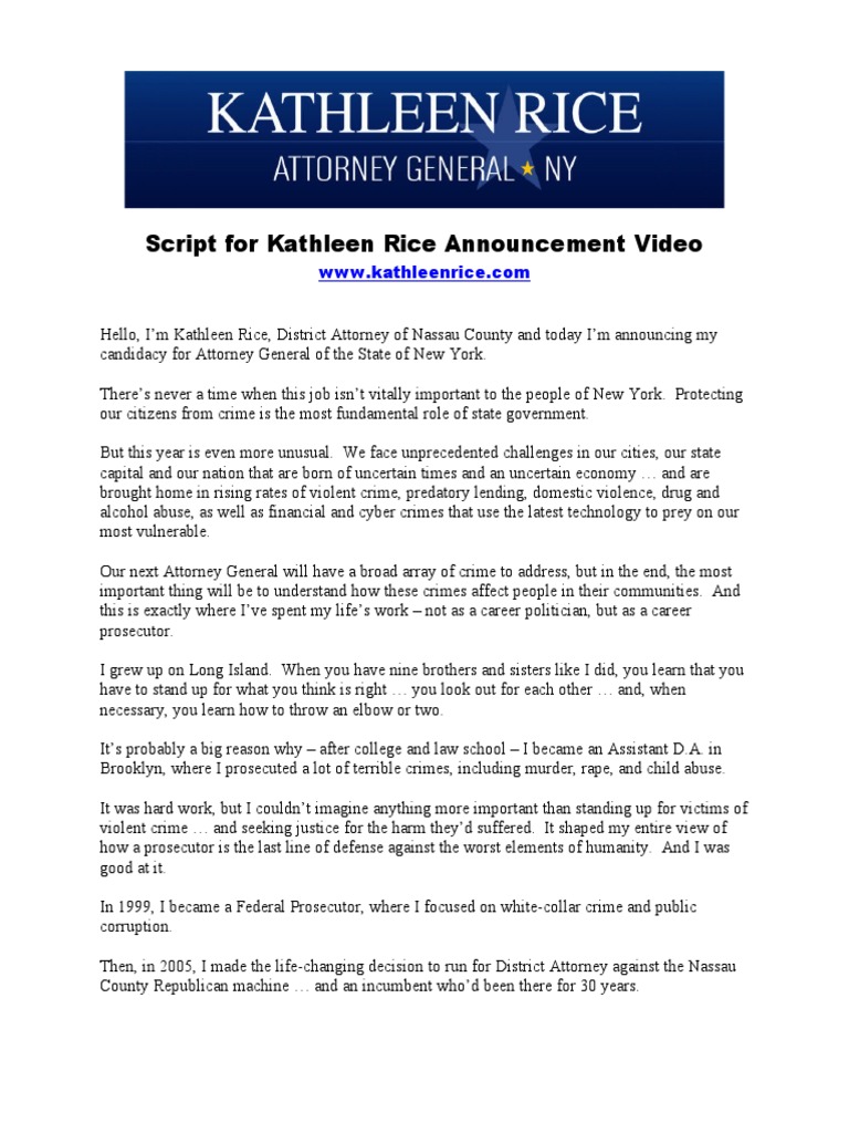Script For Kathleen Rice Announcement Video | PDF | Prosecutor ...