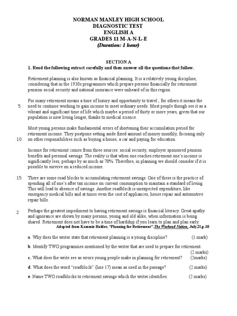 English A Diagnostic Test for Grade 11 | PDF | Retirement | Pension