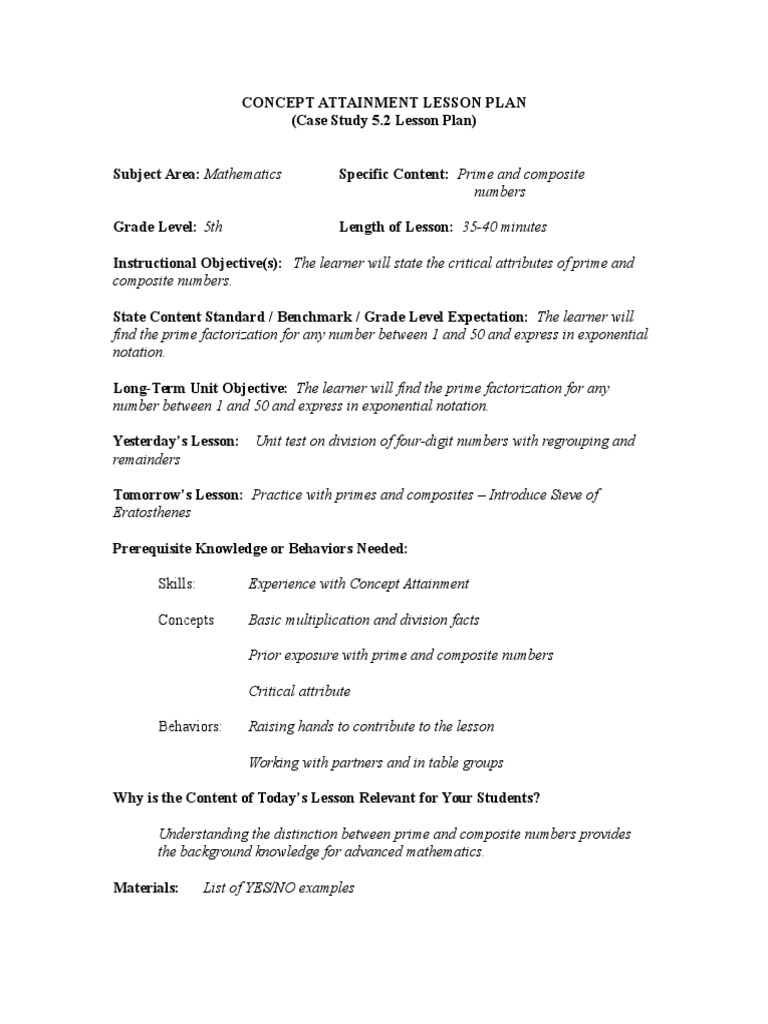 Concept Attainment Math Lesson Plan 1 | PDF | Educational Assessment ...