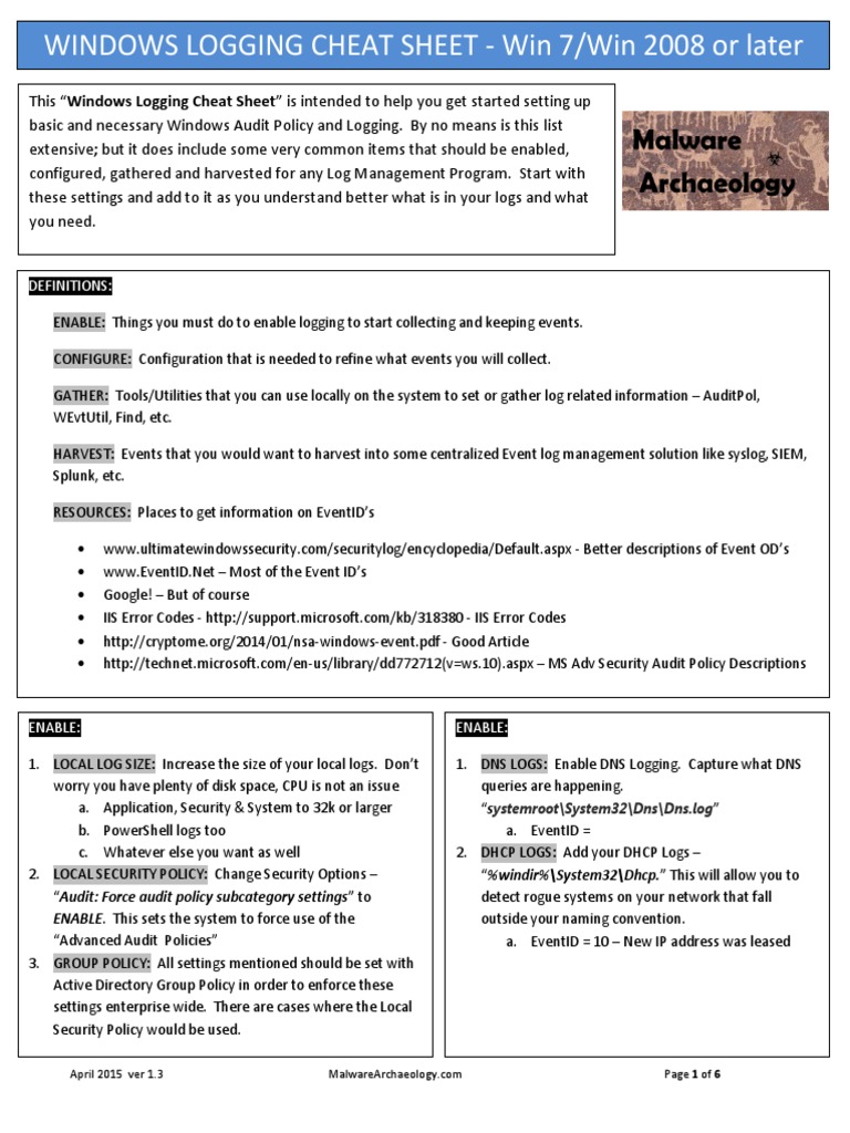 Windows+Logging+Cheat+Sheet+v1 1 | PDF | Windows Registry | Group Policy
