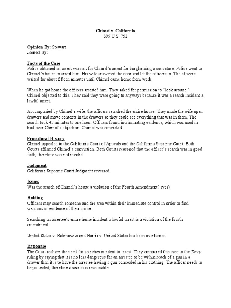 Chimel v. California | PDF | Arrest | Fourth Amendment To The United ...