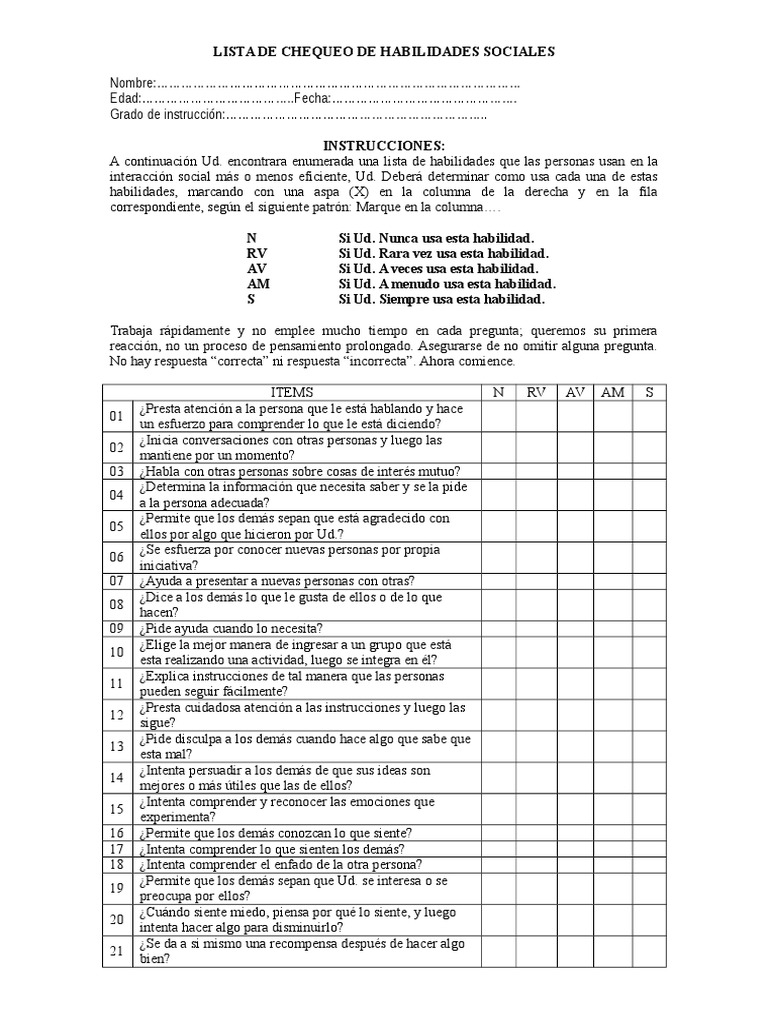 Lista de Chequeo de Habilidades Sociales. | PDF
