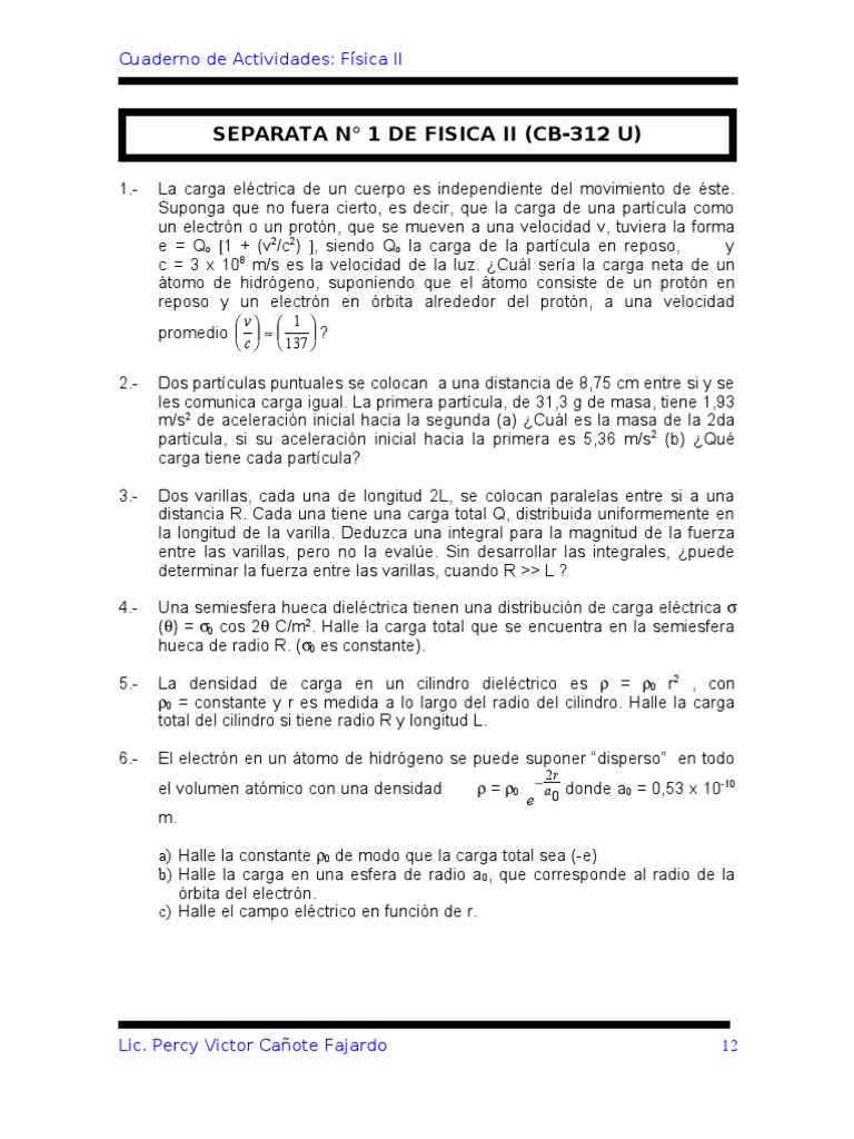 1ra Separata de Fisica II | PDF | Campo eléctrico | Masa