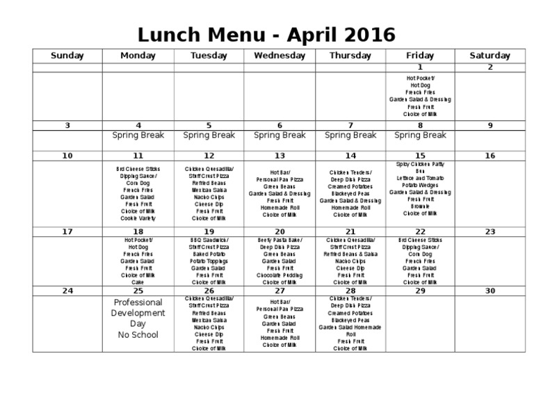 April 2016 Lunch Menu Options | PDF | Sports & Recreation | Wellness