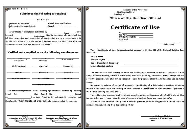 Certificate of Use: Office of The Building Official | PDF | Building ...