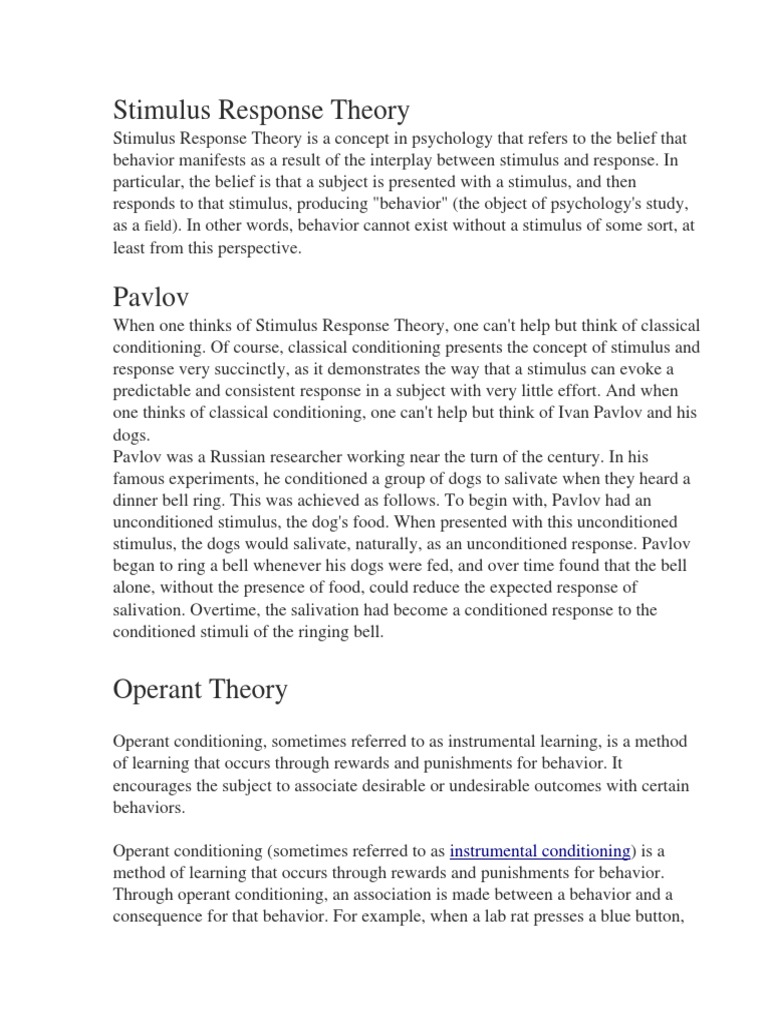 Stimulus Response Theory Pdf Classical Conditioning Behavioural