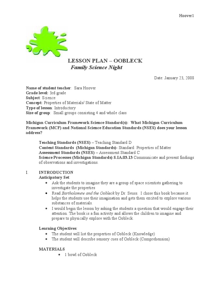 Lesson Plan Form - Oobleck | PDF | Lesson Plan | Science Education