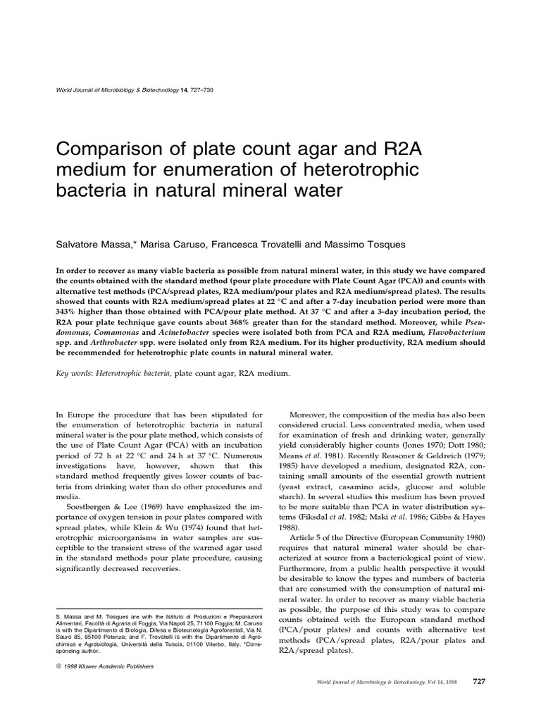 Comparison of Plate Count Agar and R2A Medium For Enumeration of ...