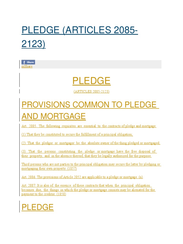 Pledge (Articles 2085-2123) | PDF | Mortgage Law | Foreclosure