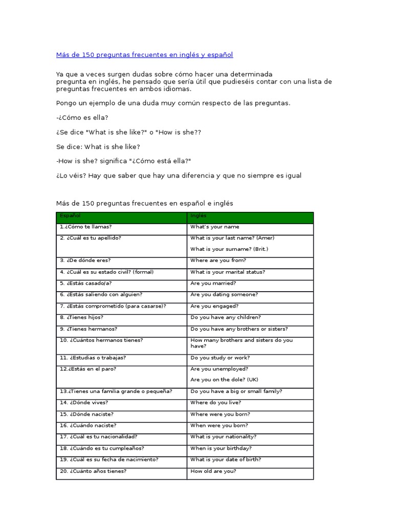 Más de 150 Preguntas Frecuentes en Inglés y Españo1