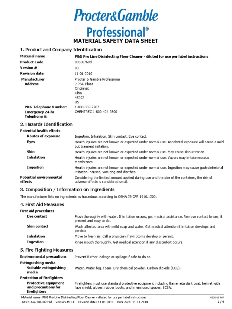 PG ProLine Disinfecting Floor Cleaner - Diluted | PDF | Dangerous Goods ...