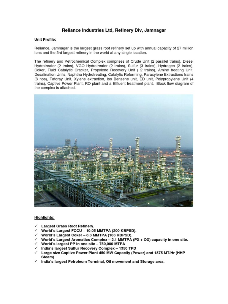 Reliance Industries LTD, Refinery Div, Jamnagar: Unit Profile | PDF ...