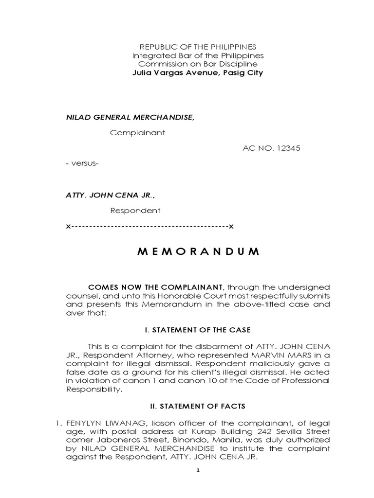 Memorandum Complainant Case 4 | PDF | Disbarment | Lawyer