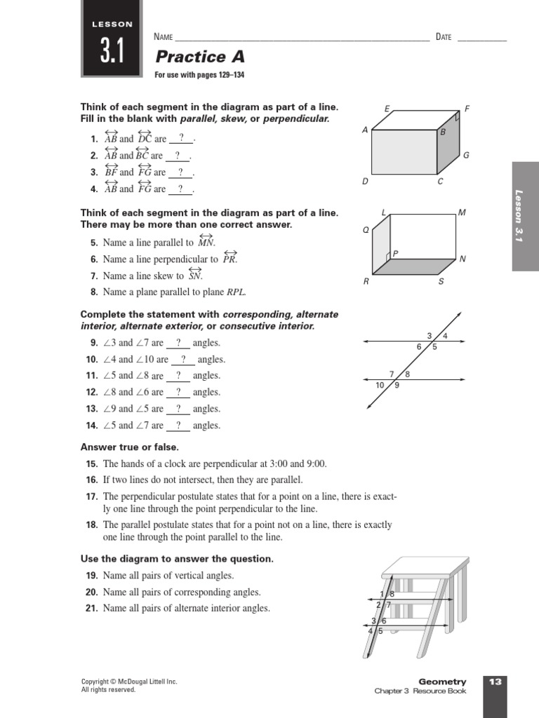 Geometry Chapter 3 Worksheets | PDF | Angle | Perpendicular
