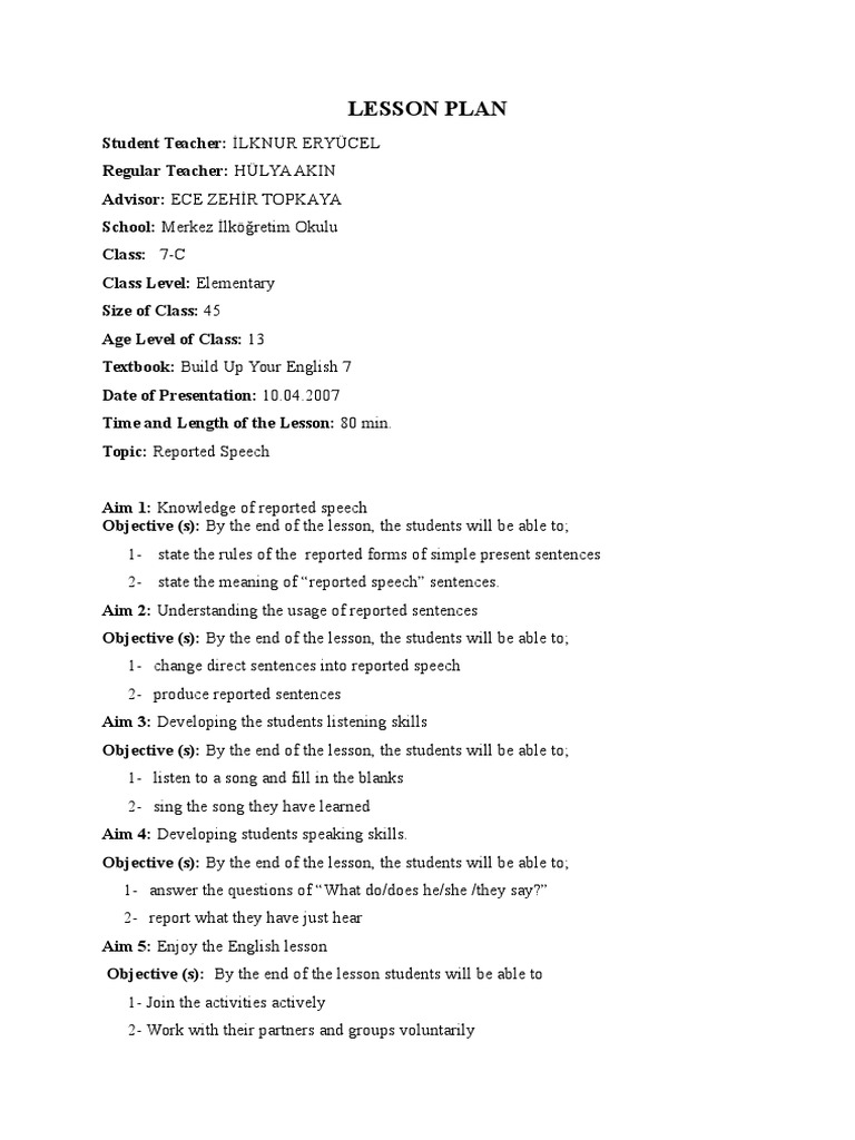 Reported Speech Lesson Plan | PDF | Lesson Plan | Semiotics