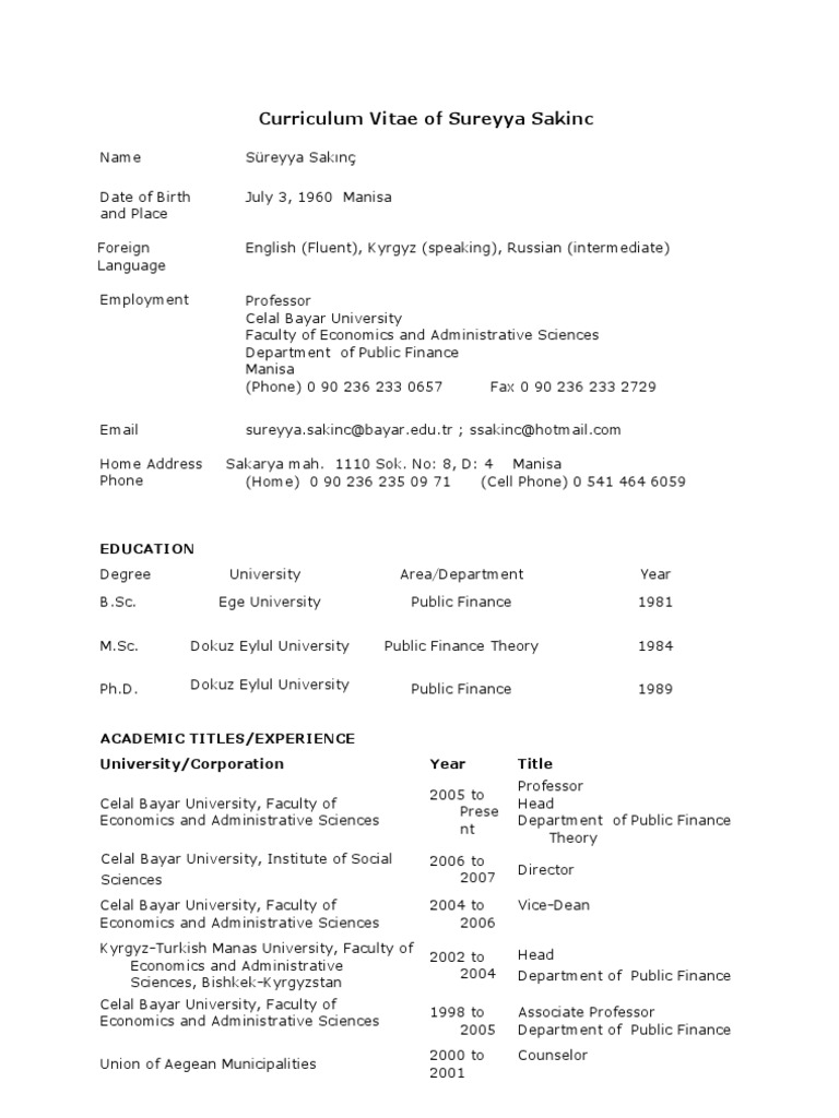 Curriculum Vitae of Sureyya Sakinc: Education | PDF | Kyrgyzstan | Turkey