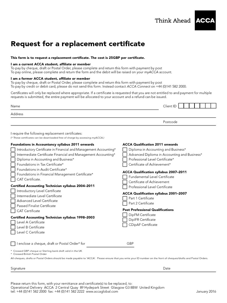 Request For Replacement Certificate Form | PDF | Cheque | Payments