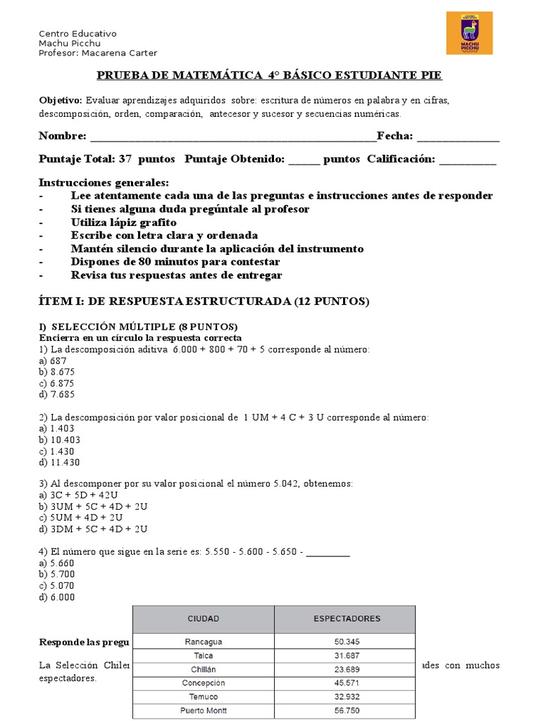 Prueba de Matematica 4° Basico | PDF | Notación Matemática | Escritura