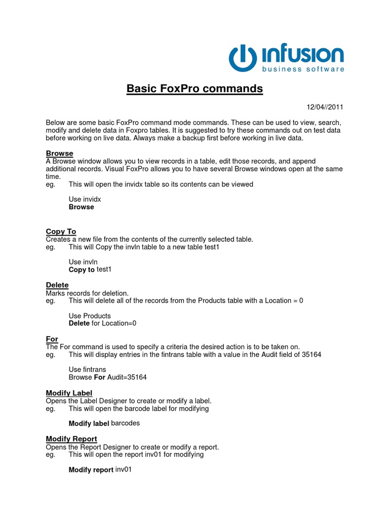 Basic FoxPro Commands | PDF | Comma Separated Values | Microsoft Excel