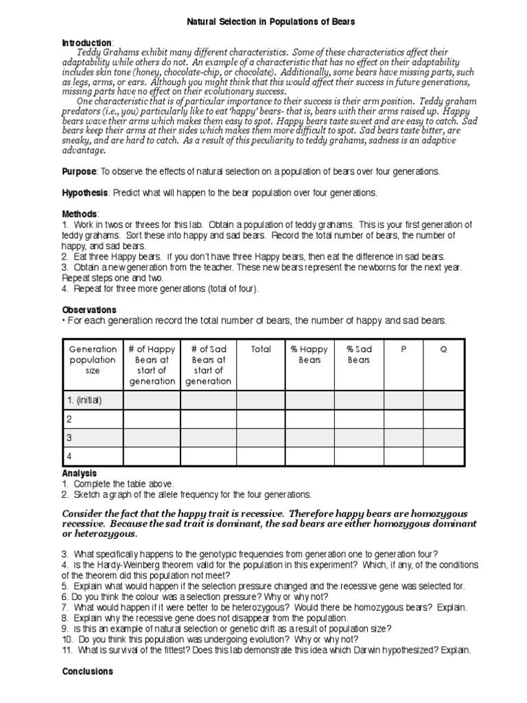 Teddy Graham Natural Selection Lab | PDF | Zygosity | Dominance (Genetics)