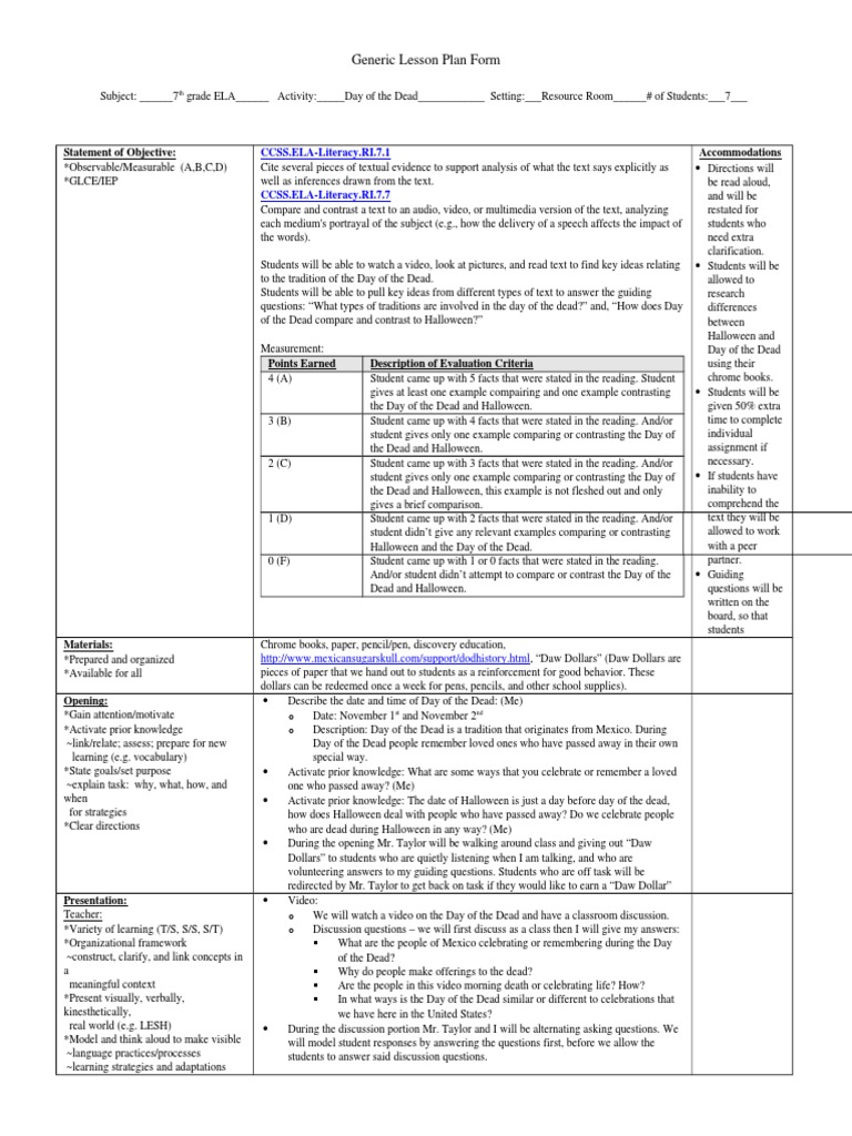 Generic Lesson Plan Form: CCSS - ELA Literacy - RI.7.1 CCSS - ELA ...