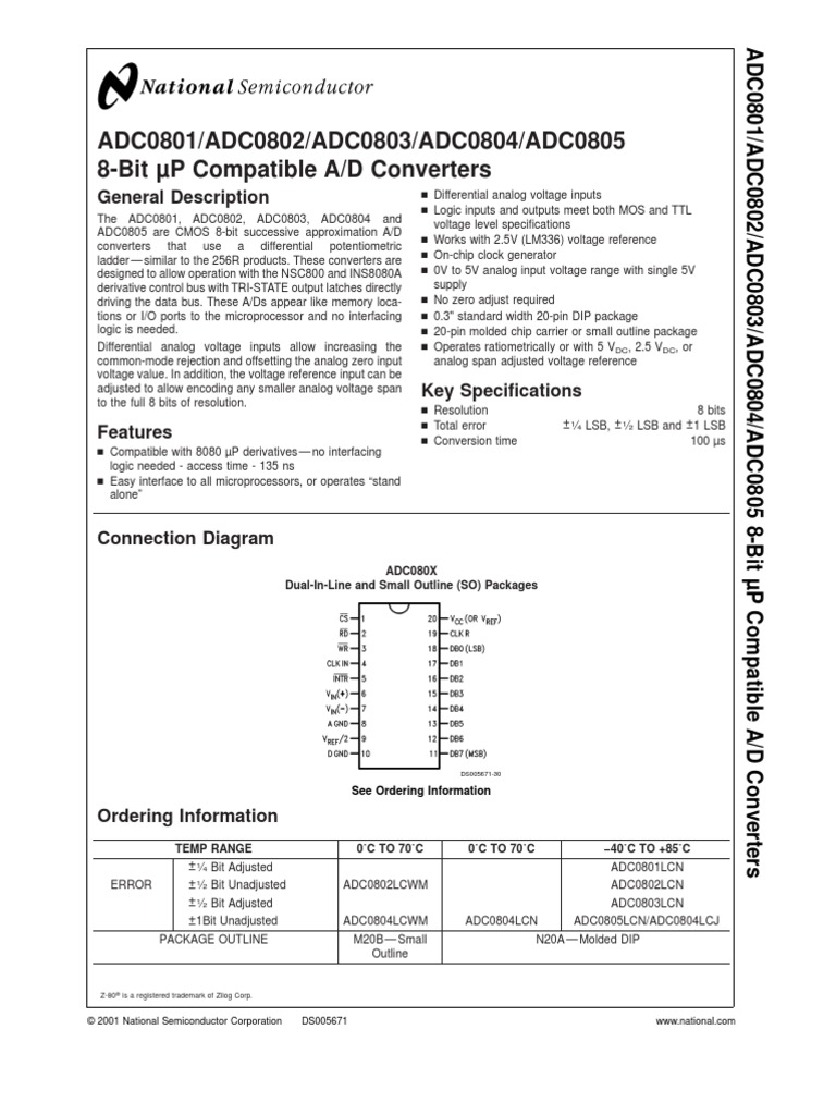 Adc0801 Adc0802 Adc0803 Adc0804 Adc0805 8 Bit P Compatible A D Converters Pdf Analog To