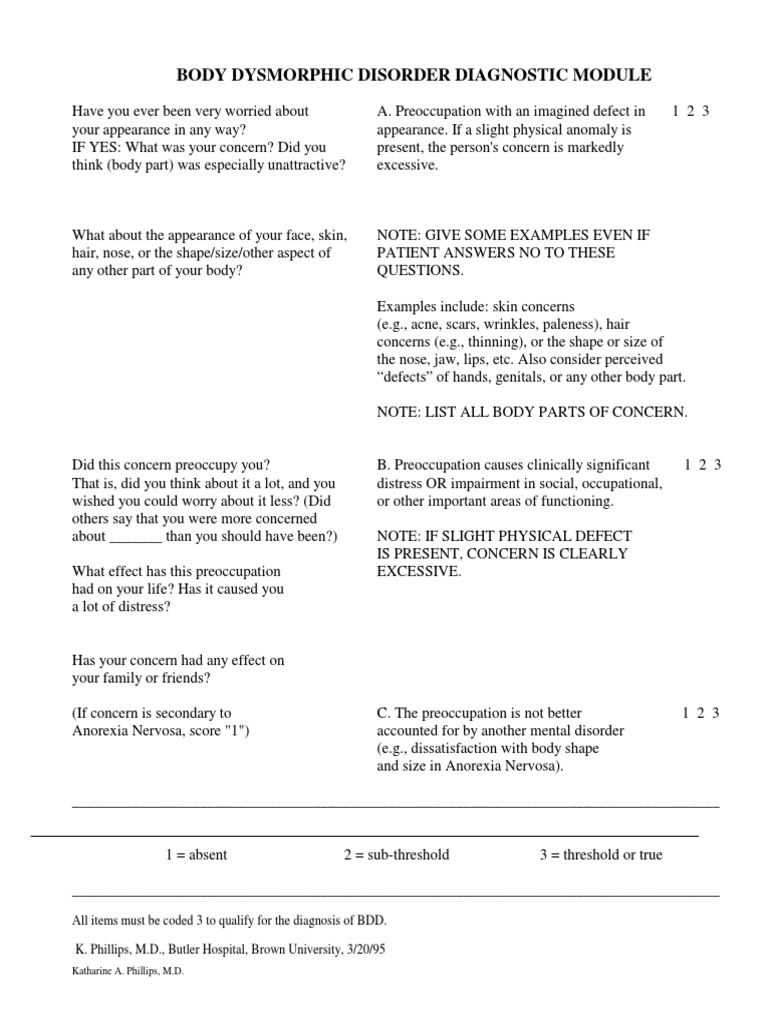 Body Dysmorphic Disorder Diagnostic Tool | PDF | Wellness | Science ...
