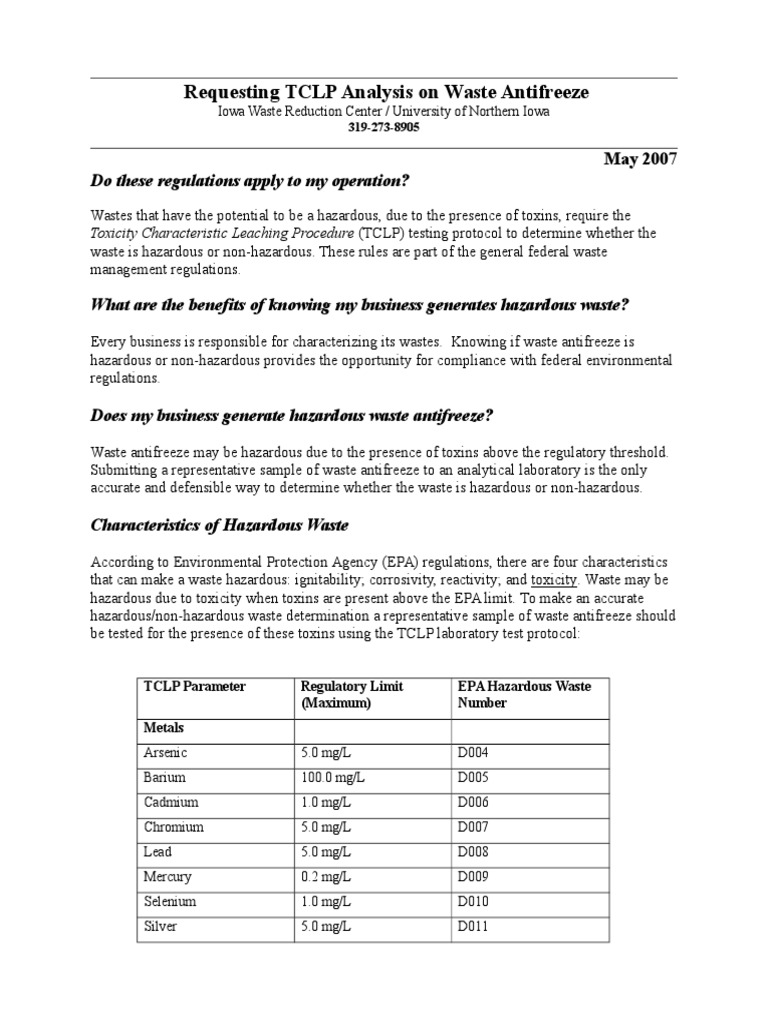 Requesting TCLP Analysis On Waste Antifreeze: Do These Regulations ...