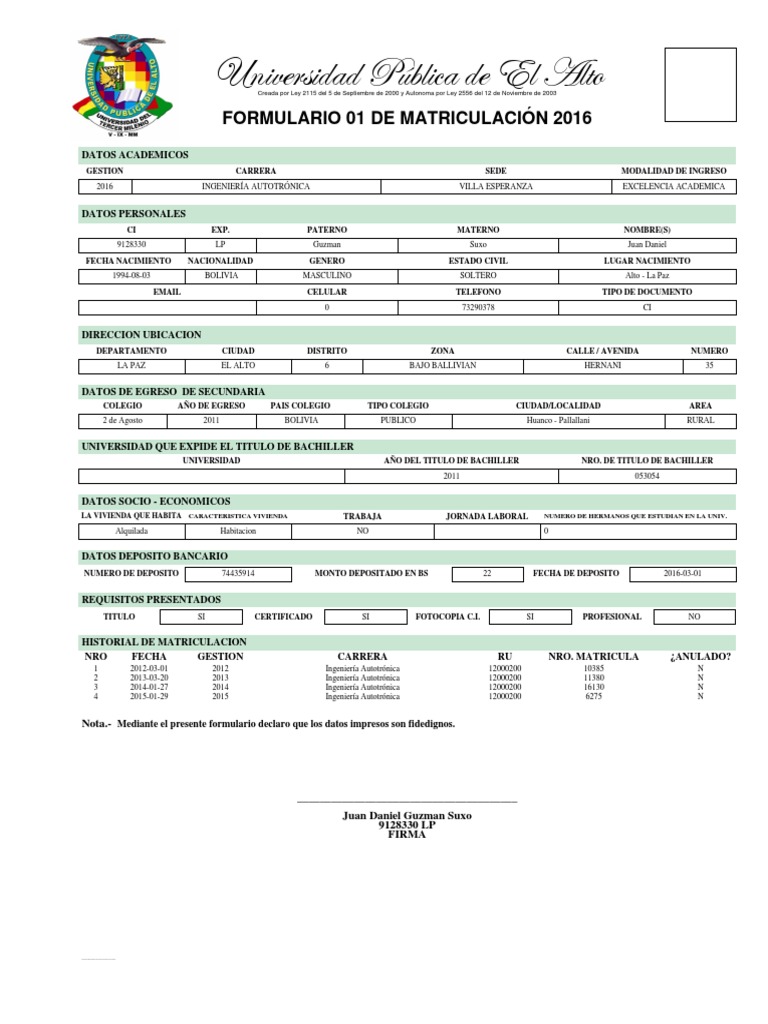 Formulario de Matrícula 2016 UPEA | PDF | Viajes y turismo