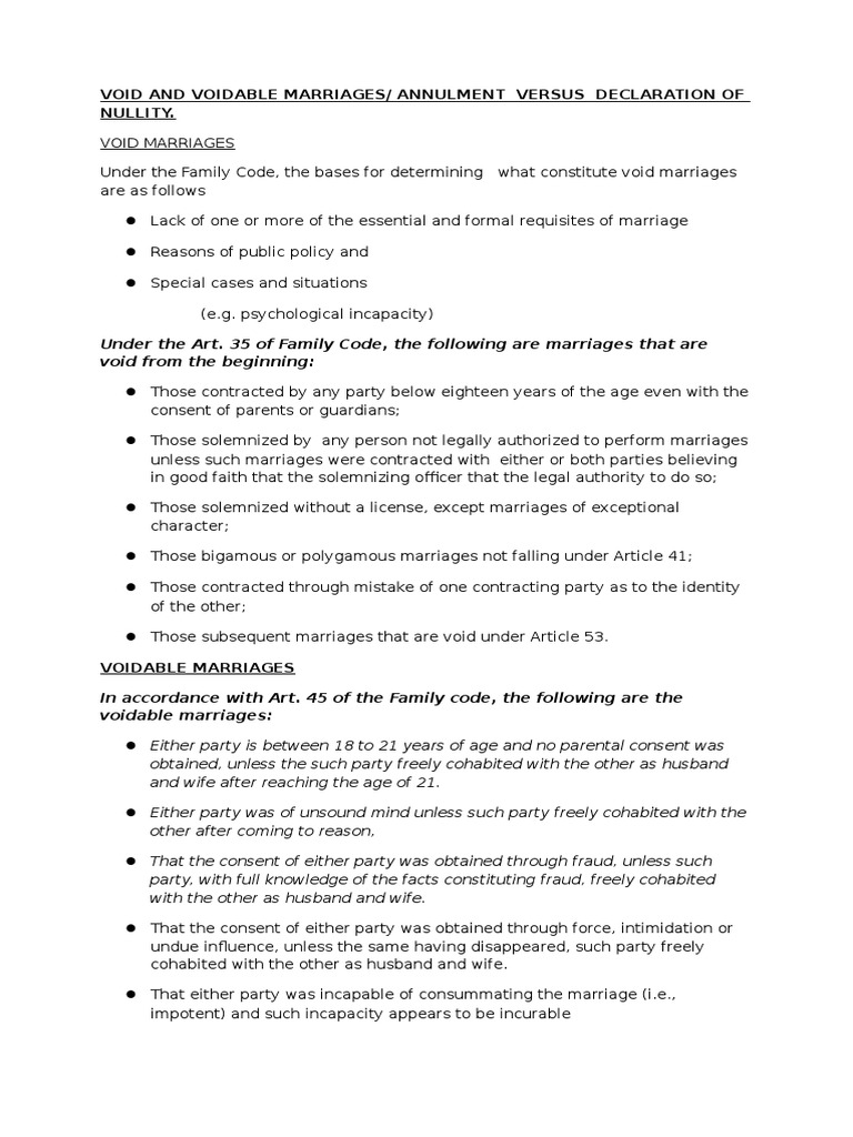 Void and Voidable Marriages | PDF | Annulment | Marriage